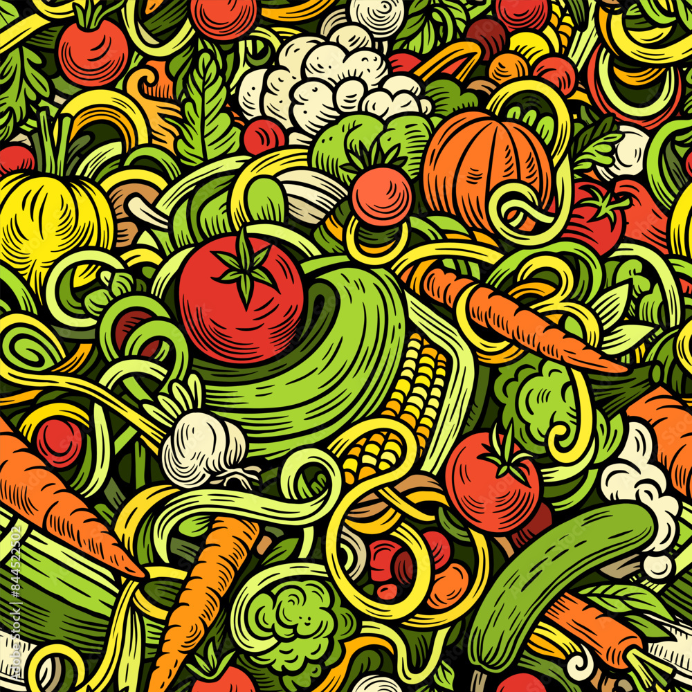 Vegetables cartoon vector doodles seamless pattern. Nature food ...
