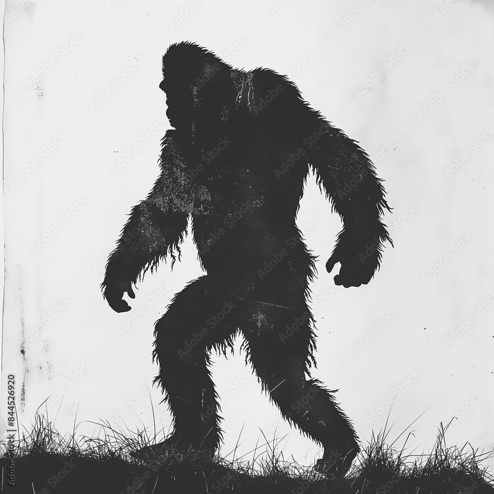 ภาพประกอบสต็อก Silhouette of sasquatch walking in nature. A minimalist ...