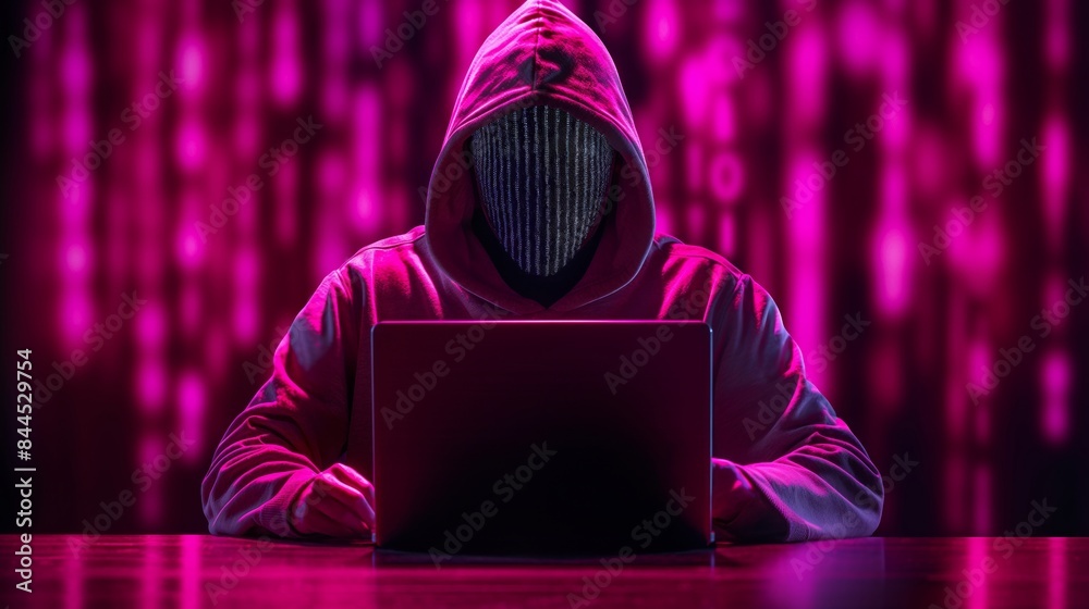Hacker wear a hoodie using a laptop in the room overlay with source ...