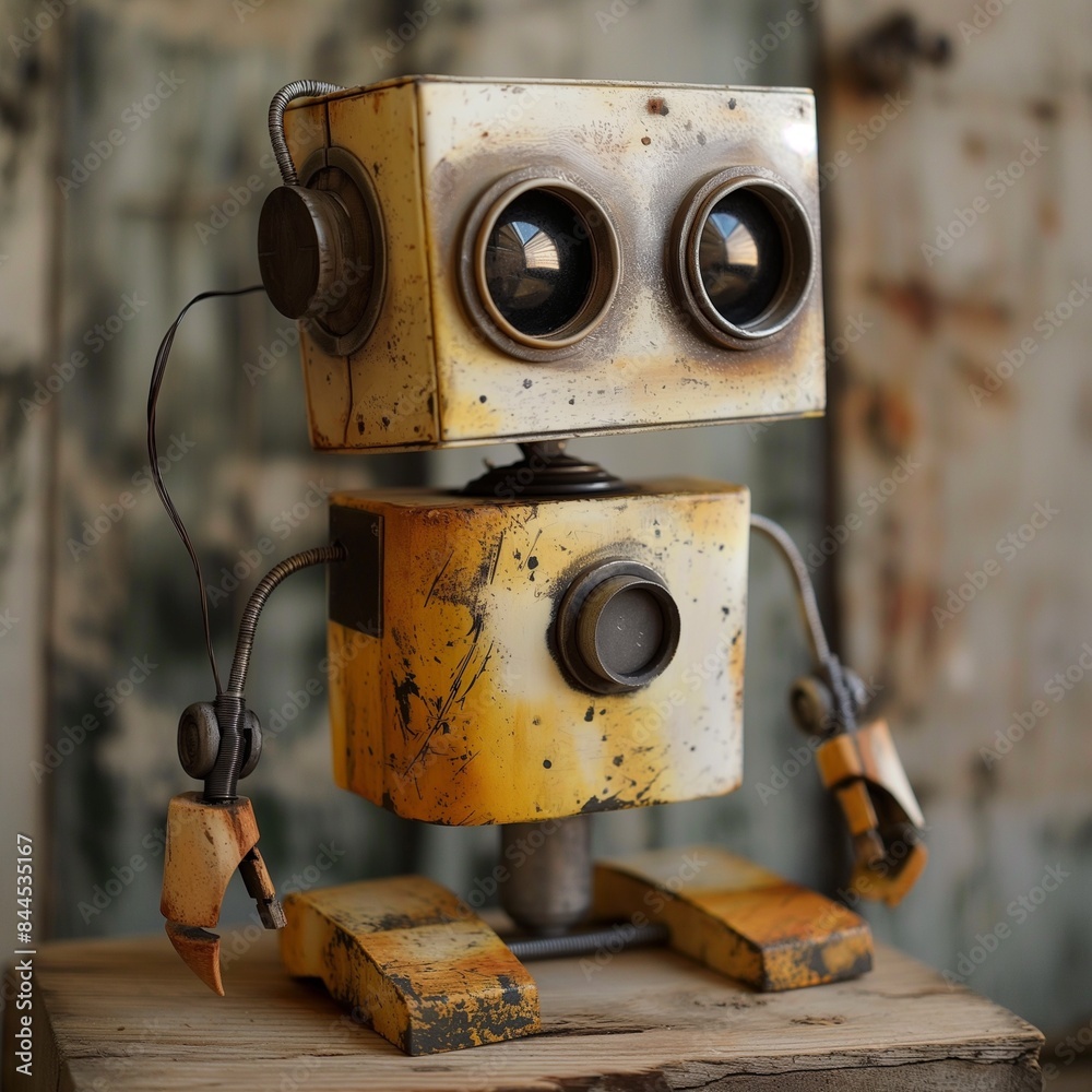This image showcases a rustic robot model with an industrial design ...