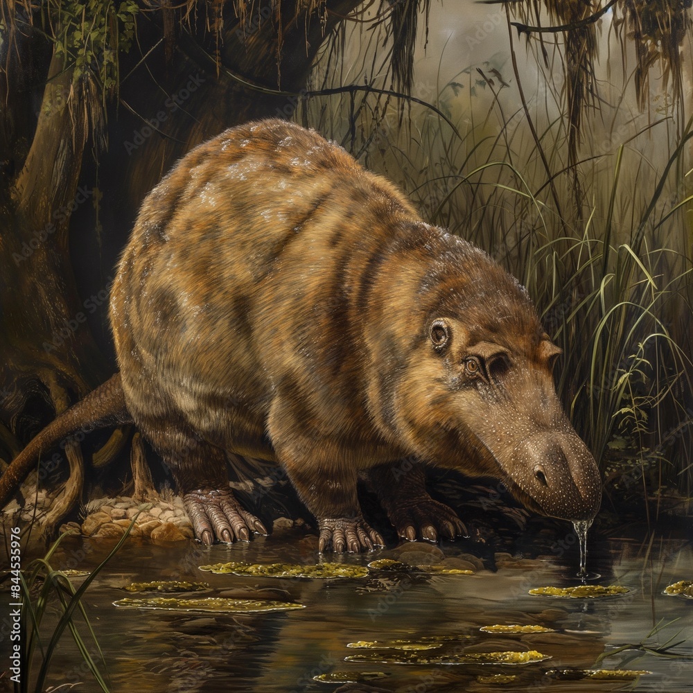 Illustration of the extinct mammal Megazostrodon in its natural habitat ...