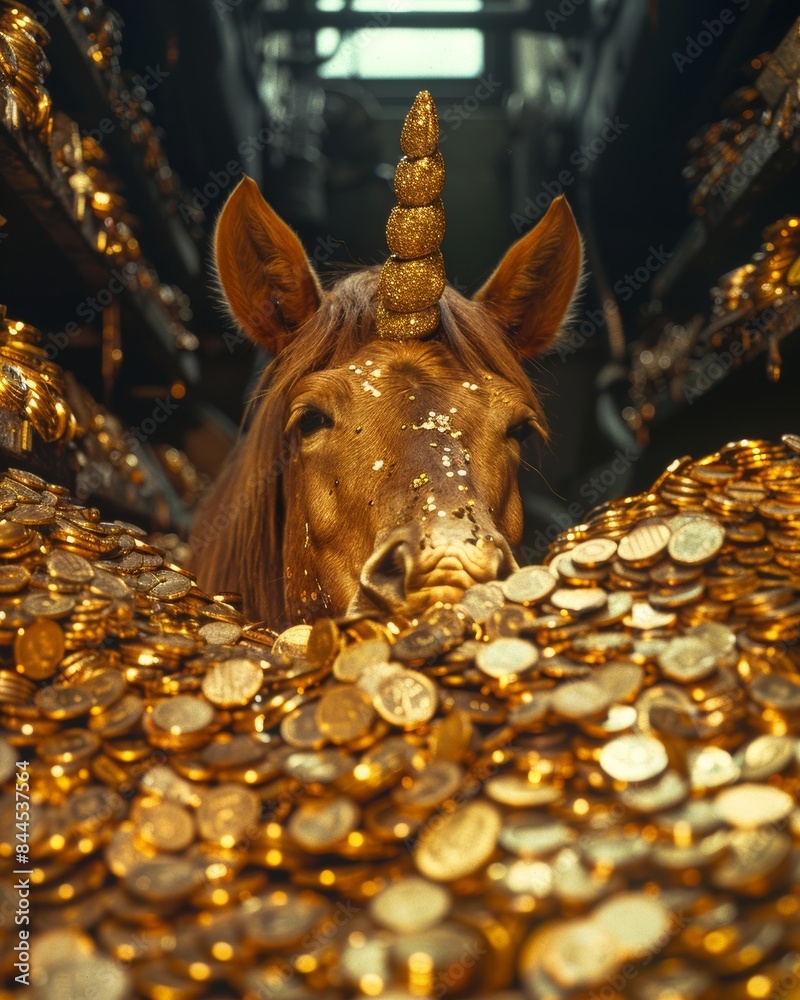 unicorn with the head is poking out of a giant mountain of gold coins ...