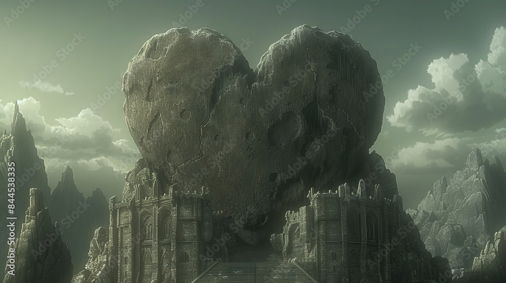 A grand mountain peak features a colossal rock structure at its summit ...