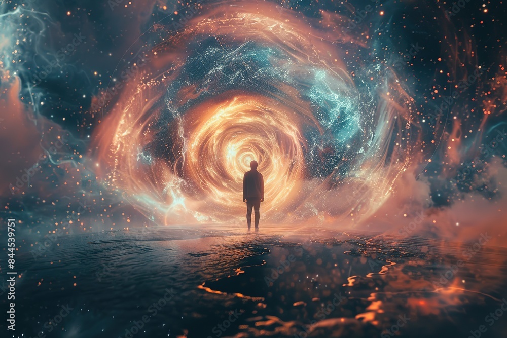 A person stands amid a swirling vortex of energy their physical ...