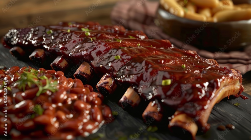 BBQ ribs with a side of baked beans, smoky background, digital art ...