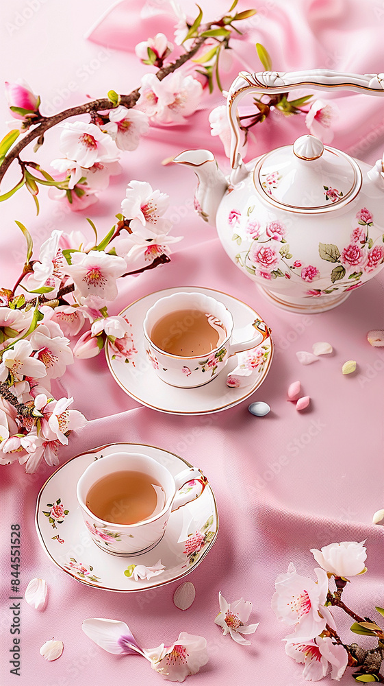Close up of pastel pink Royal Doulton teapot and tea set for an elegant ...