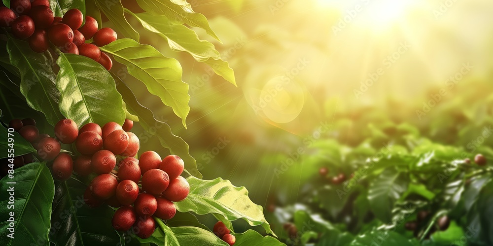 Image of bright red coffee cherries growing on a lush green coffee ...
