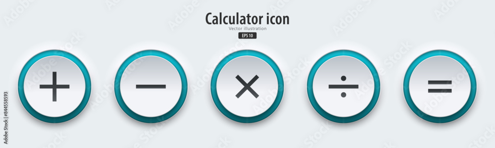 A set of white round buttons with calculator symbols. Add icon, minus ...