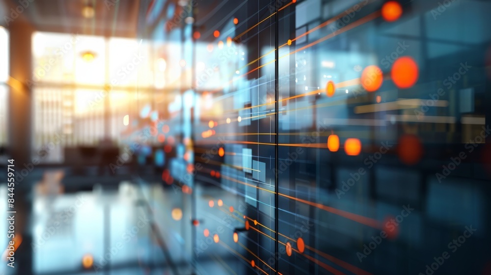 Abstract digital data flowing on a screen with blurred background. This ...