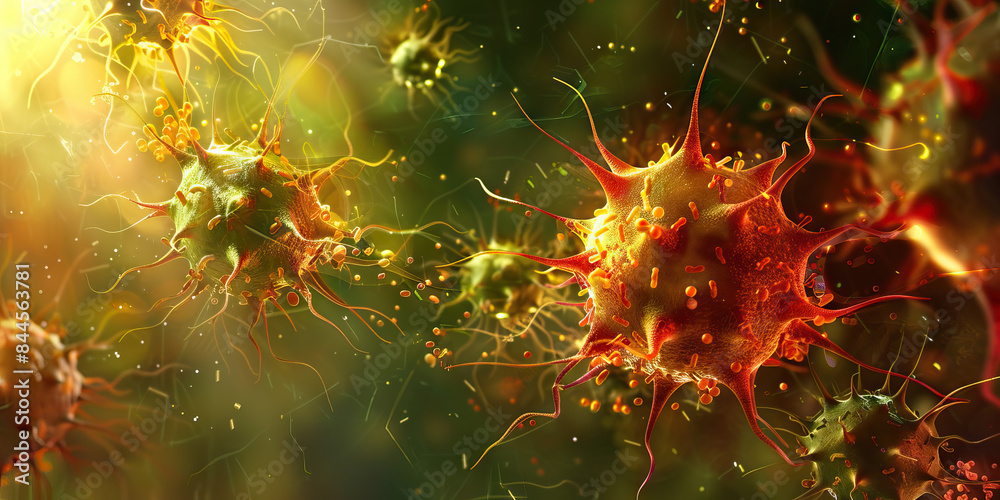 Viirus infected organism microscopic view of a cell being destroyed by ...