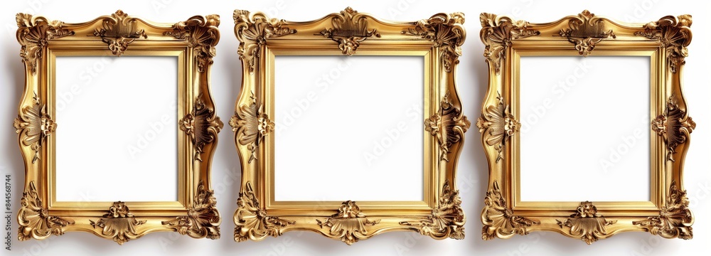 Three golden frames on a white background, all the same size and shape ...