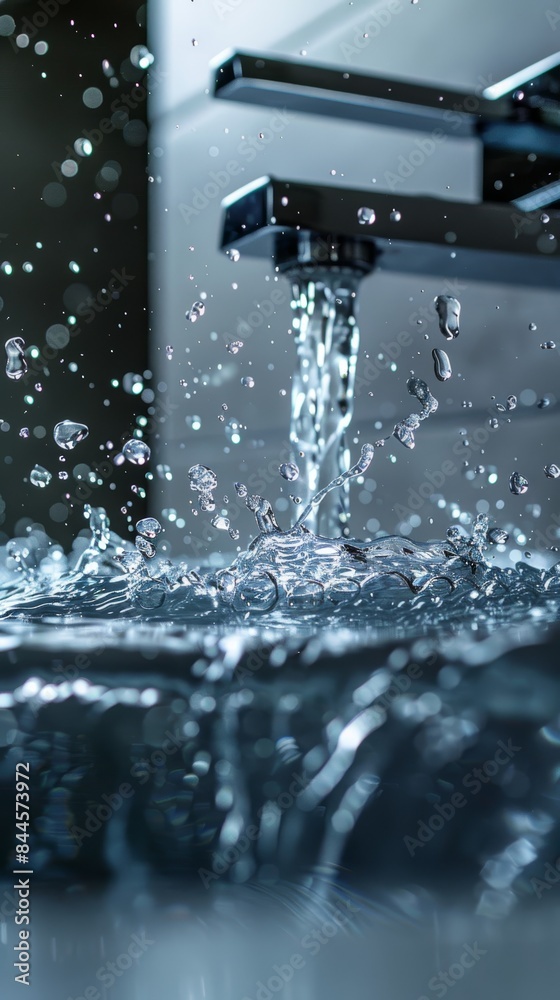 In the centre of the scene place a chrome washbasin tap that turns ...