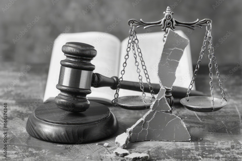 A gavel and a broken scale of justice indicating the imbalance and ...