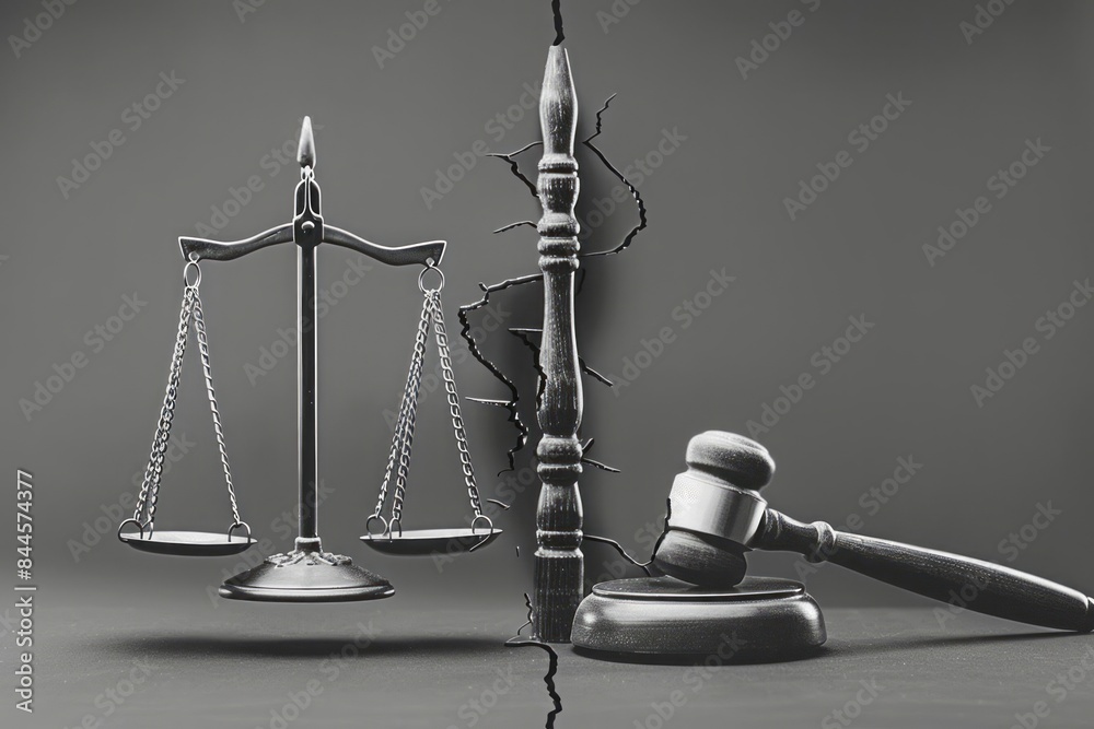 A gavel and a broken scale of justice indicating the imbalance and ...