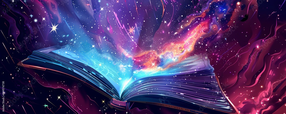 Vibrant, magical cosmos emanates from an open book, blending fantasy ...