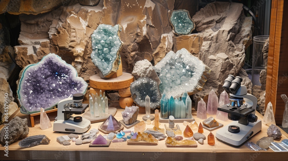 A specialized geology lab with rock samples, crystal models, and ...