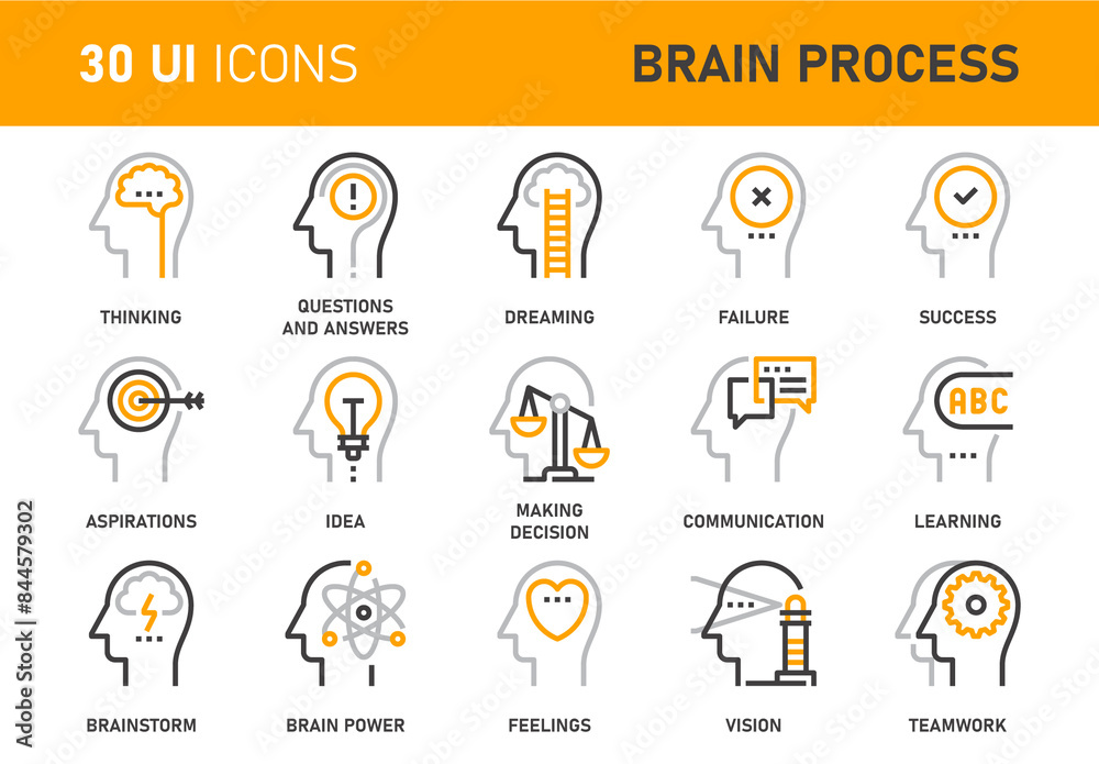 Vector set of thinking and brain process flat line web icons. Each icon ...