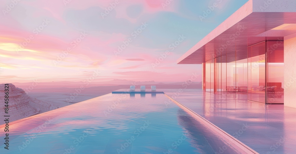 Infinity pool at a modern house with pink glass walls, overlooking a ...