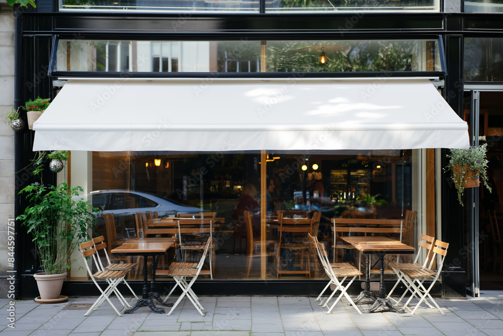 Cafe storefront with outdoor seating and white awning, featuring wooden ...