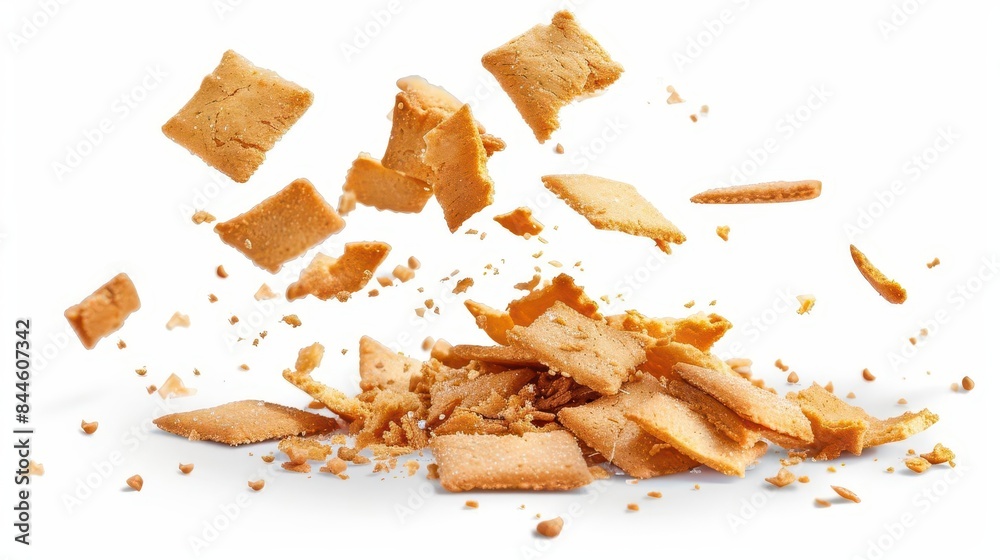 flying biscuit crumbs isolated on white background food photography ...