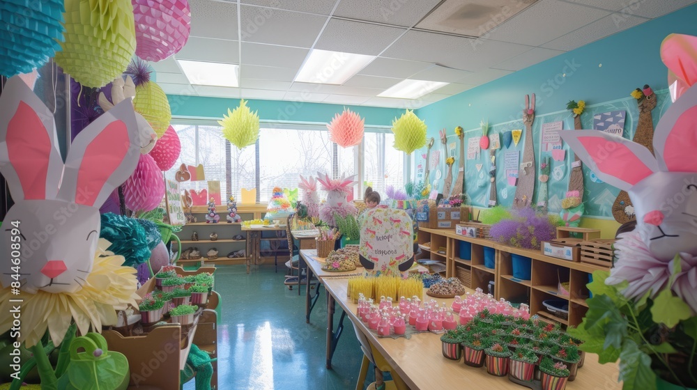 Photography of classroom decorated with colorful paper in easter egg ...
