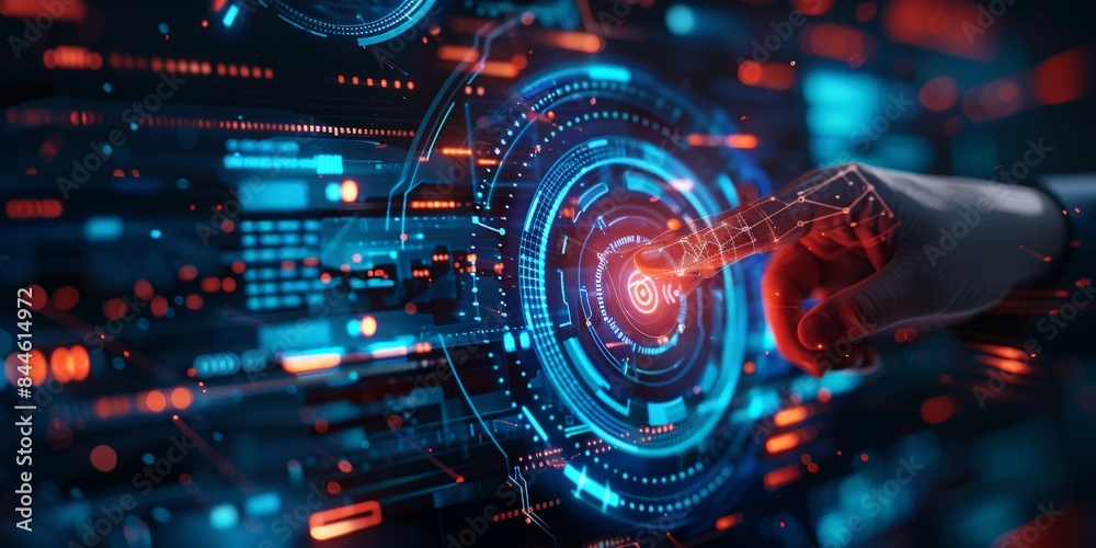 Robotic hand interacting with futuristic digital interface, featuring glowing holographic ...