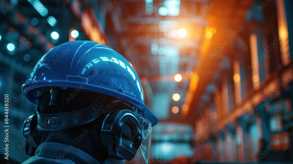 Dramatic Security Guard in Blue Helmet at Industrial Workplace with ...