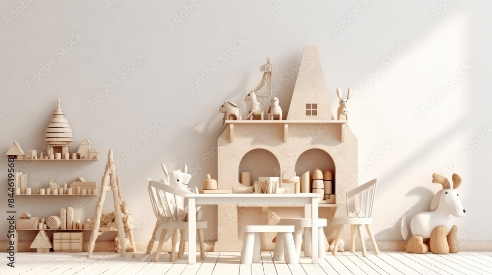 children's playroom with a neutral color palette, mainly in shades of ...