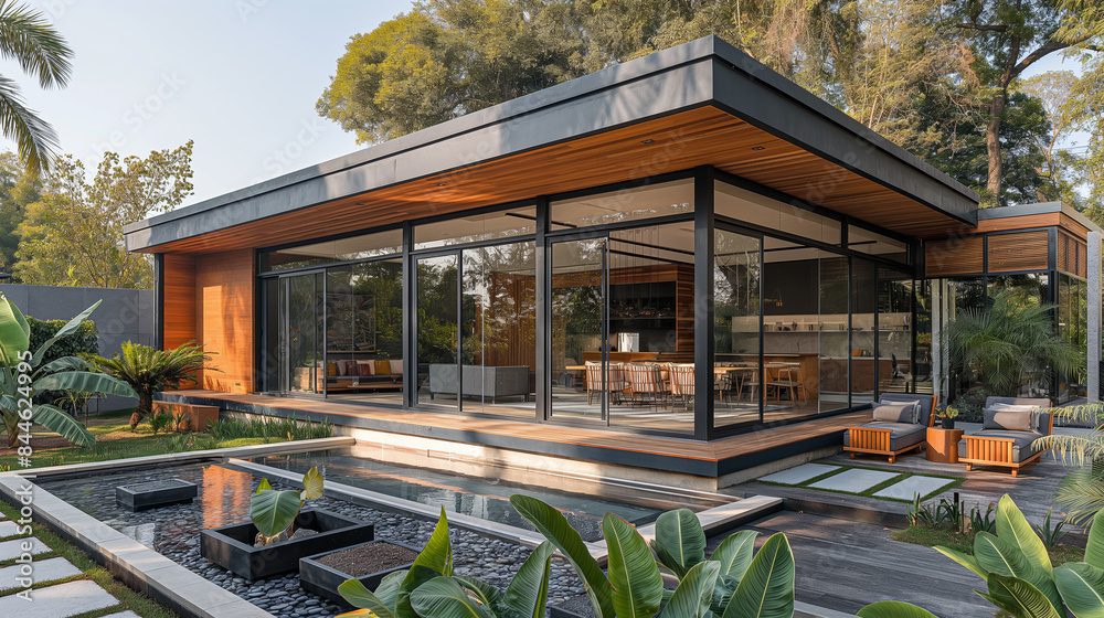 The design of a square house with wooden trim and a recreation area in ...