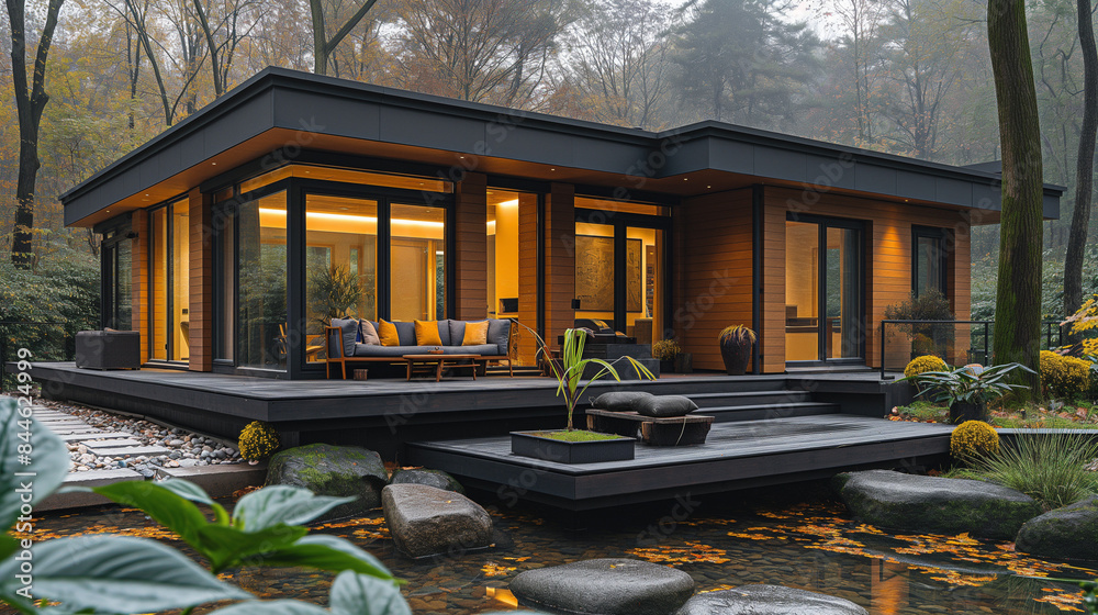 The design of a square house with wooden trim and a recreation area in ...