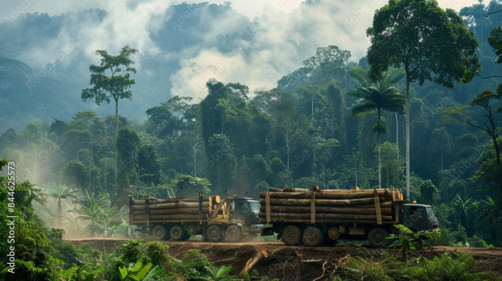This image depicts logging trucks carrying cut logs through a dense ...