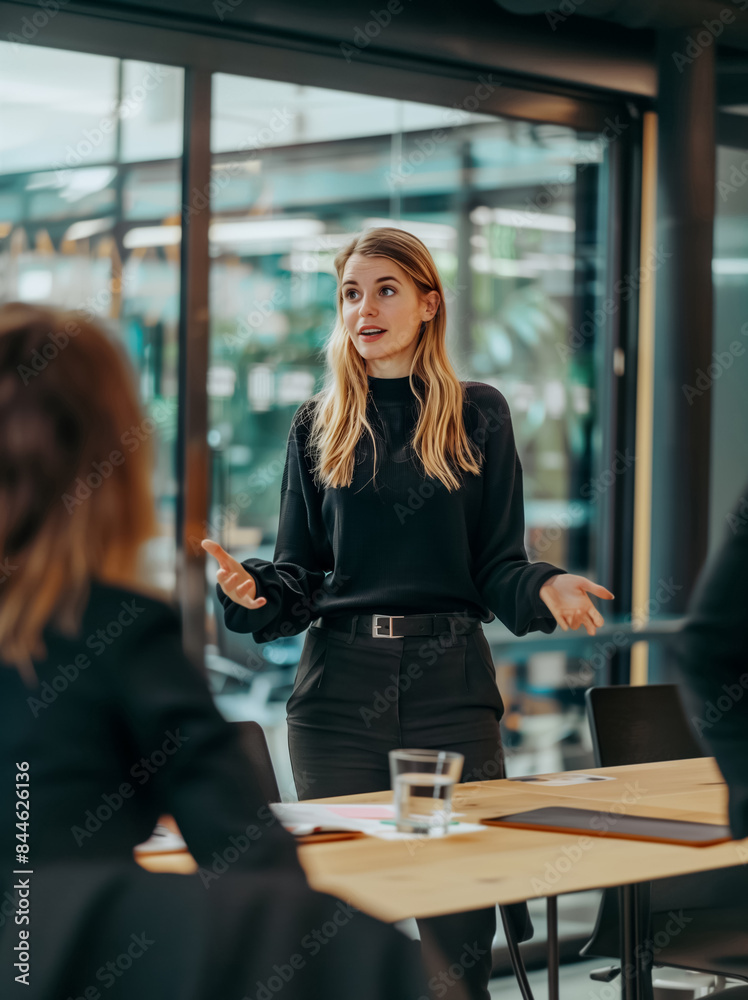 Confident woman gives presentation to group, gesturing with enthusiasm ...