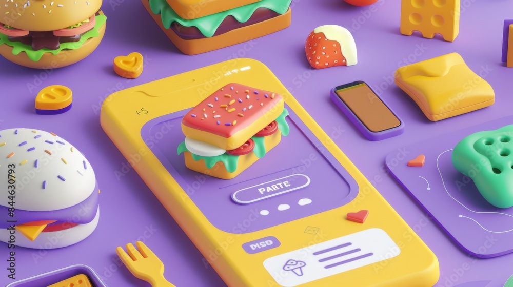 Colorful 3D illustration of a food-themed mobile app interface ...