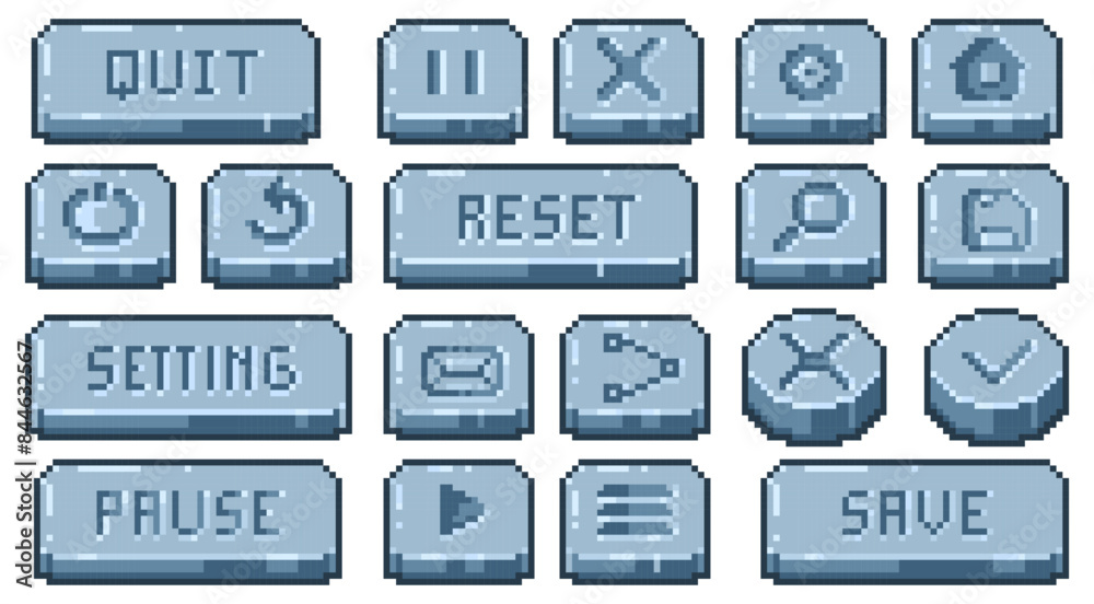 Stone pixel buttons. Old school video game interface elements, 8 bit ...