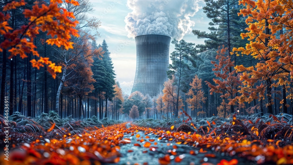 Autumn forest surrounds a nuclear power plant's cooling tower emitting ...