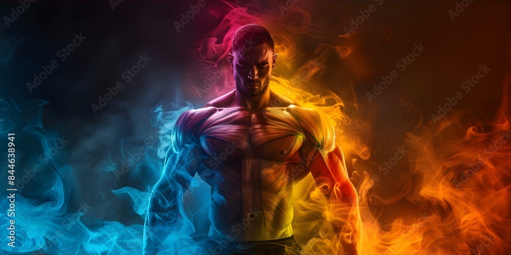 Neon Muscles A Man Bodybuilding with Anaerobic Exercise on a Dark ...