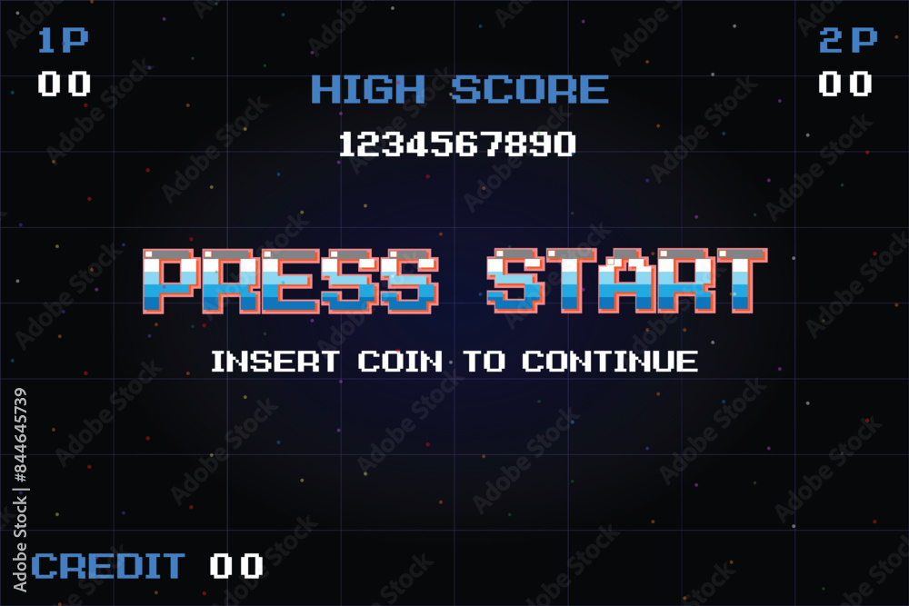 PRESS START INSERT A COIN TO CONTINUE. pixel art .8 bit game. retro ...