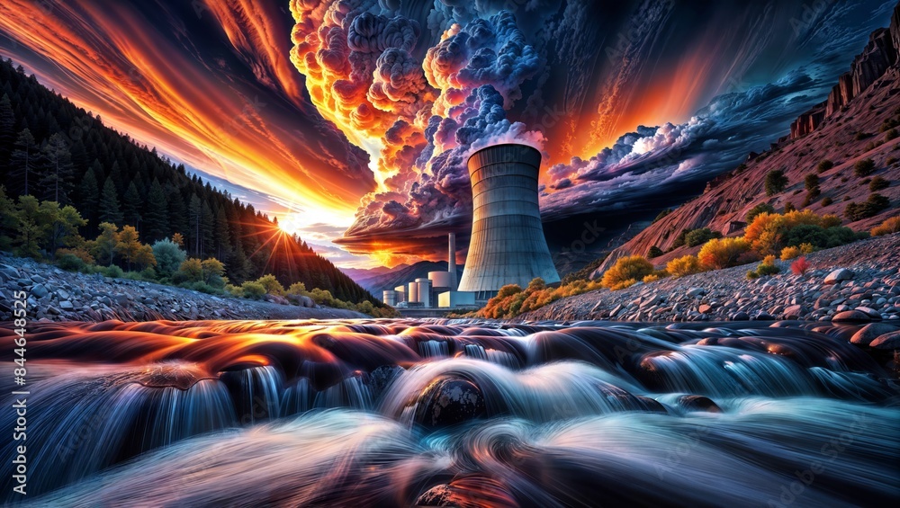 Surreal vivid scene of erupting nuclear power plant with billowing ...