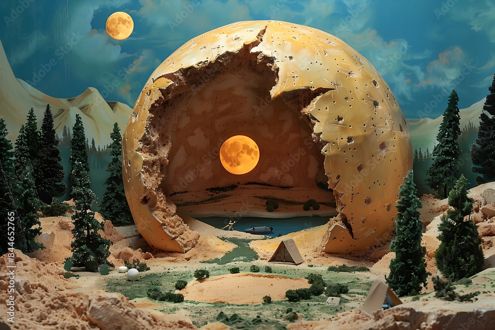 Surreal landscape with giant golf ball opened to reveal miniature golf ...
