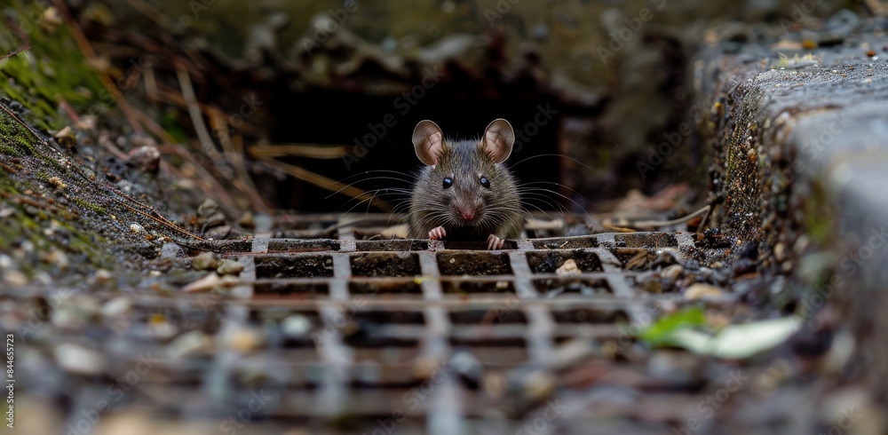 High-resolution photo of a drainage channel with a steel grid, focusing ...