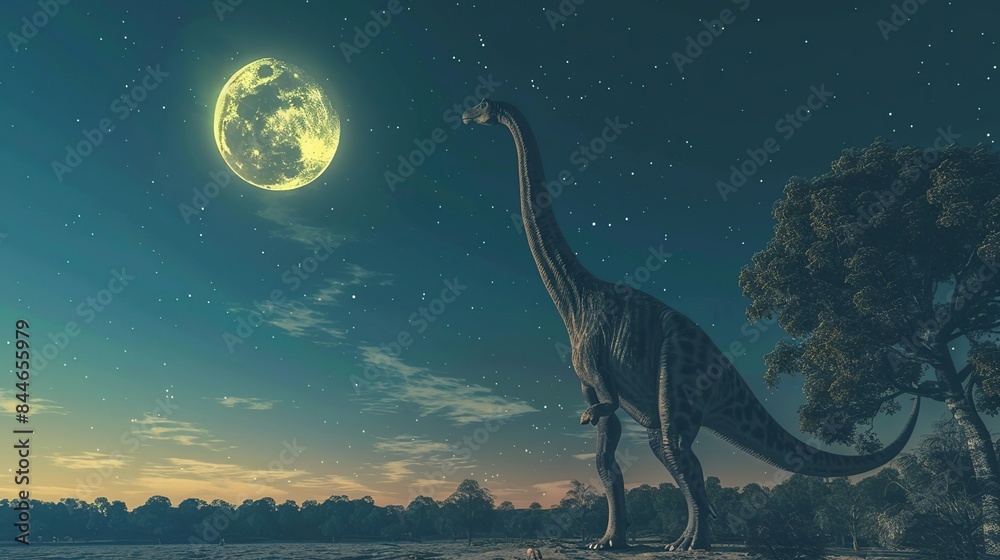 A towering brachiosaurus standing on its hind legs seemingly reaching ...