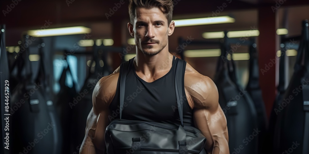 Bodybuilder in Gym Flexing Muscles Next to Boxing Bag to Showcase ...