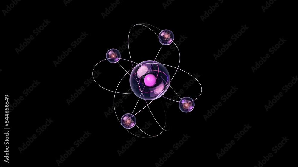 Atom symbol with violet pathways circling a central nucleus, depicted ...