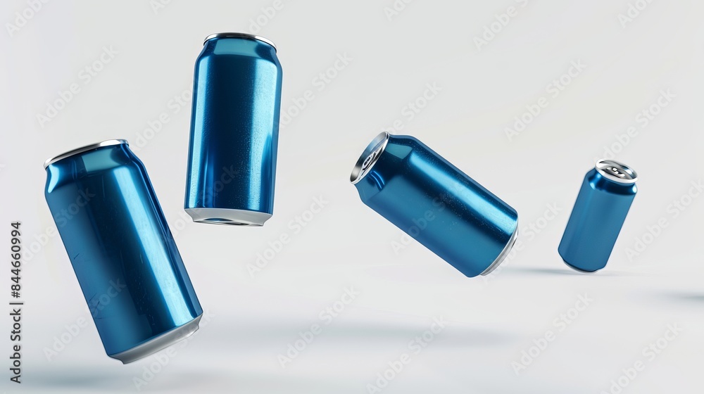 Falling blue aluminum soda cans are isolated over a white background ...