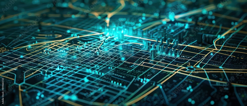 abstract map of the city loop, dark black and turquoise, luminescent ...