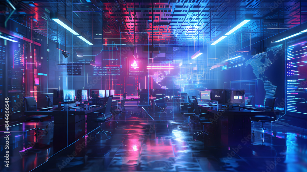 Modern neon cyberpunk open space office interior blurred with ...