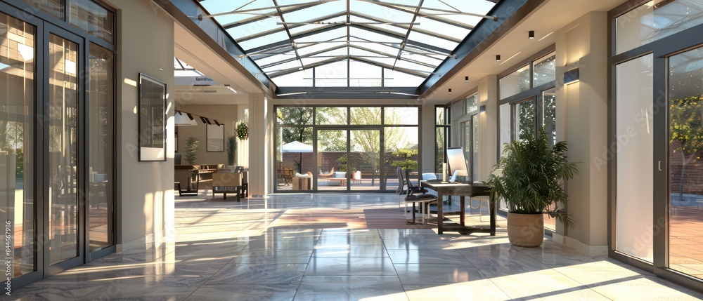 open space office layout with glass roof floods the space, ample space ...