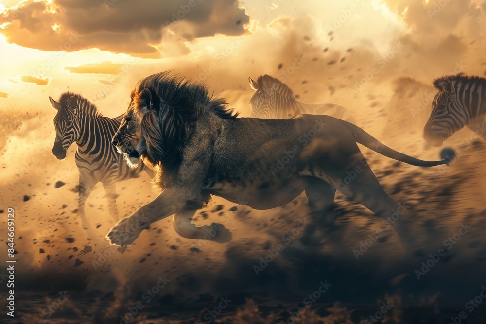 Dynamic wildlife scene of a lion chasing zebras across a dusty ...