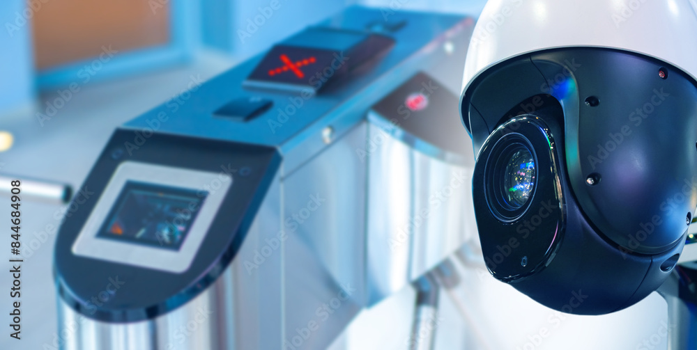Security control in building. Turnstile to restrict access. CCTV camera ...