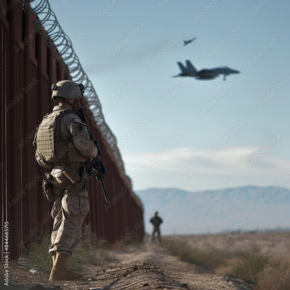 soldier in full combat gear standing with his back to a tall border ...